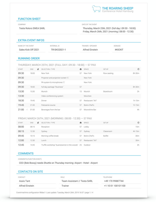 Automated event function sheets